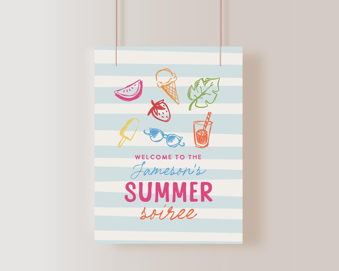 Summer Party Welcome Sign, Hand Drawn Summer Soiree Welcome Poster ...