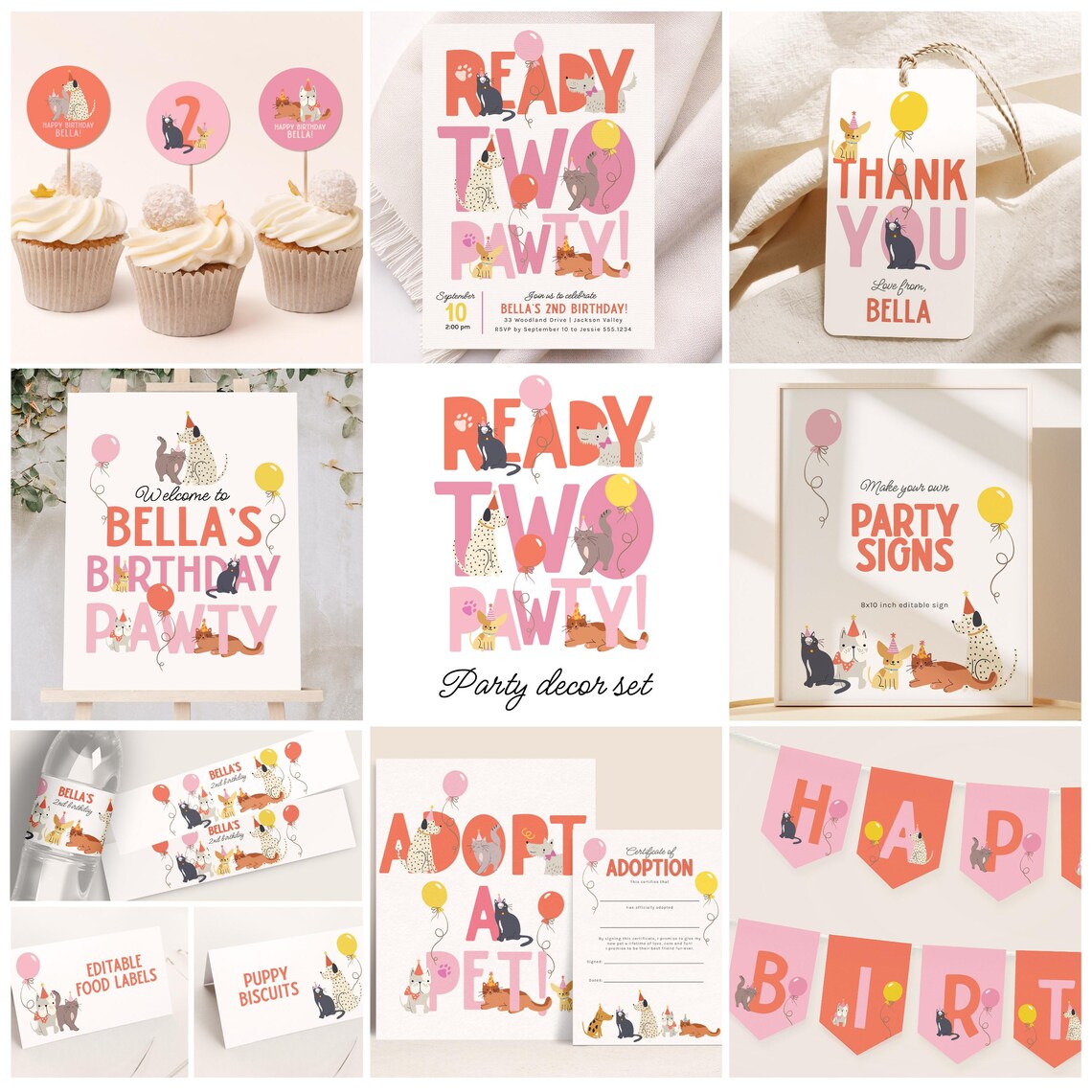 Pet Birthday Party Signs, Printable Cats and Dogs Custom Sign Template ...