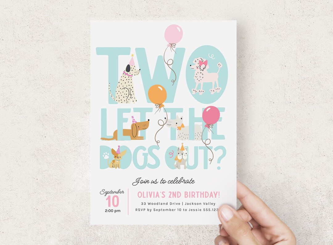 Two Let the Dogs Out Birthday Invitation, Editable Puppy Girl 2nd ...