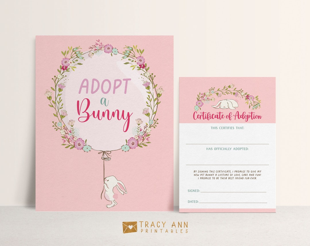 Bunny Adoption Sign and Certificate Certificate, Rabbit Birthday Party ...