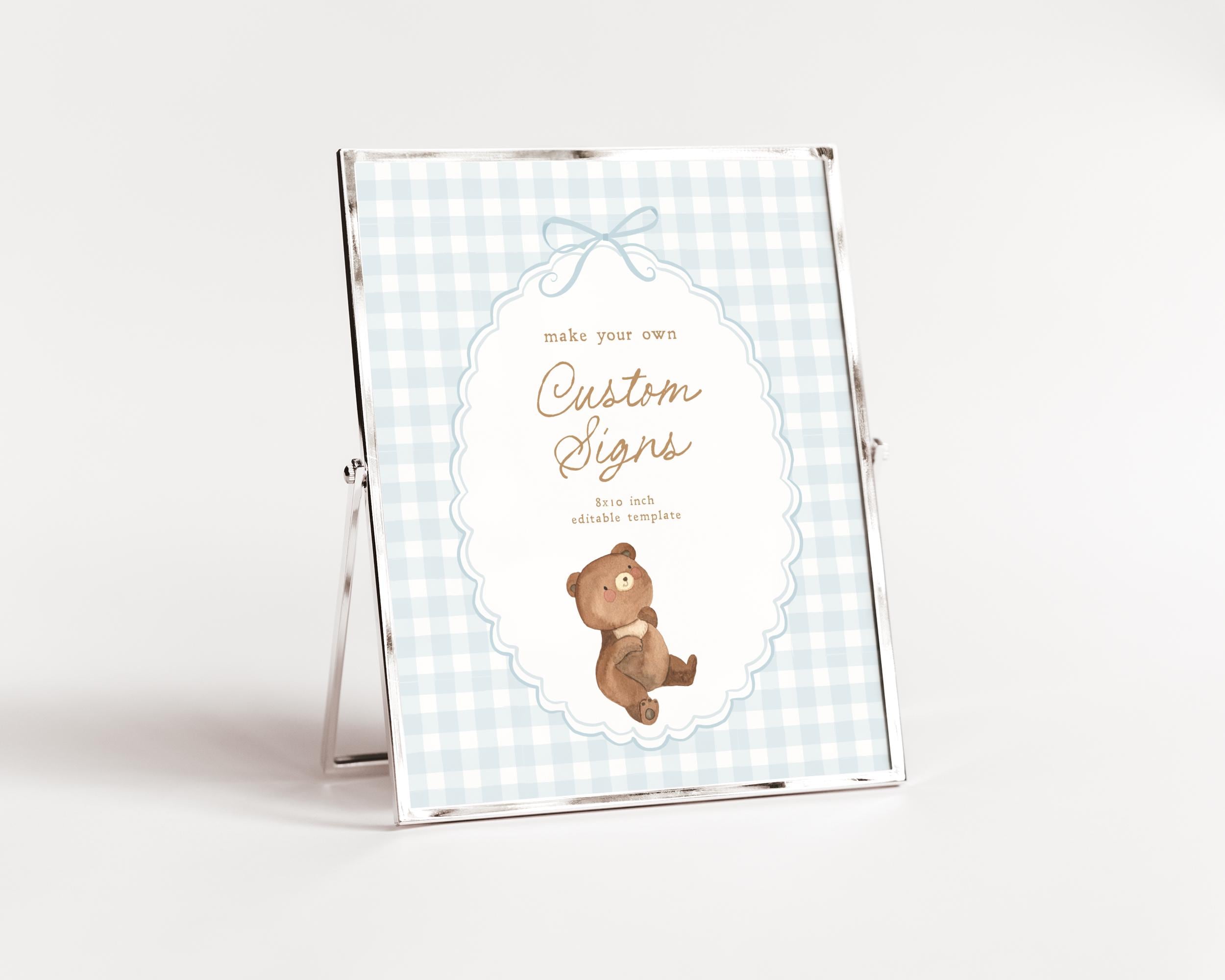 Teddy Bear Baby Shower Sign Template, Printable Blue Gingham Boy Baby ...