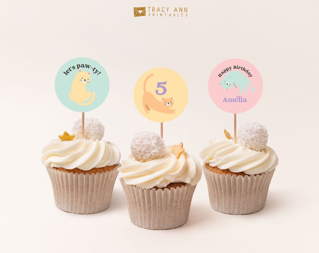 Cat Birthday Cupcake Toppers, Pastel Kitten Cake Decorations Editable ...