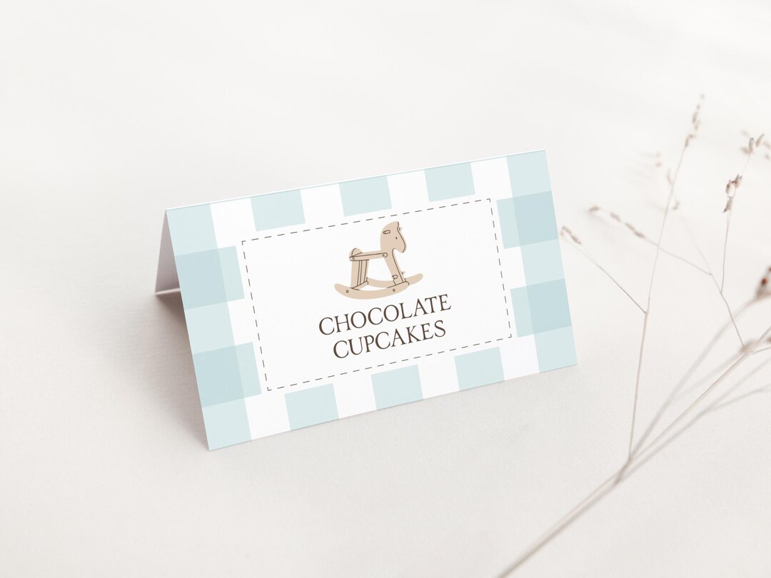 Baby Shower Food Labels, Blue Gingham Food Tent Template, Printable ...