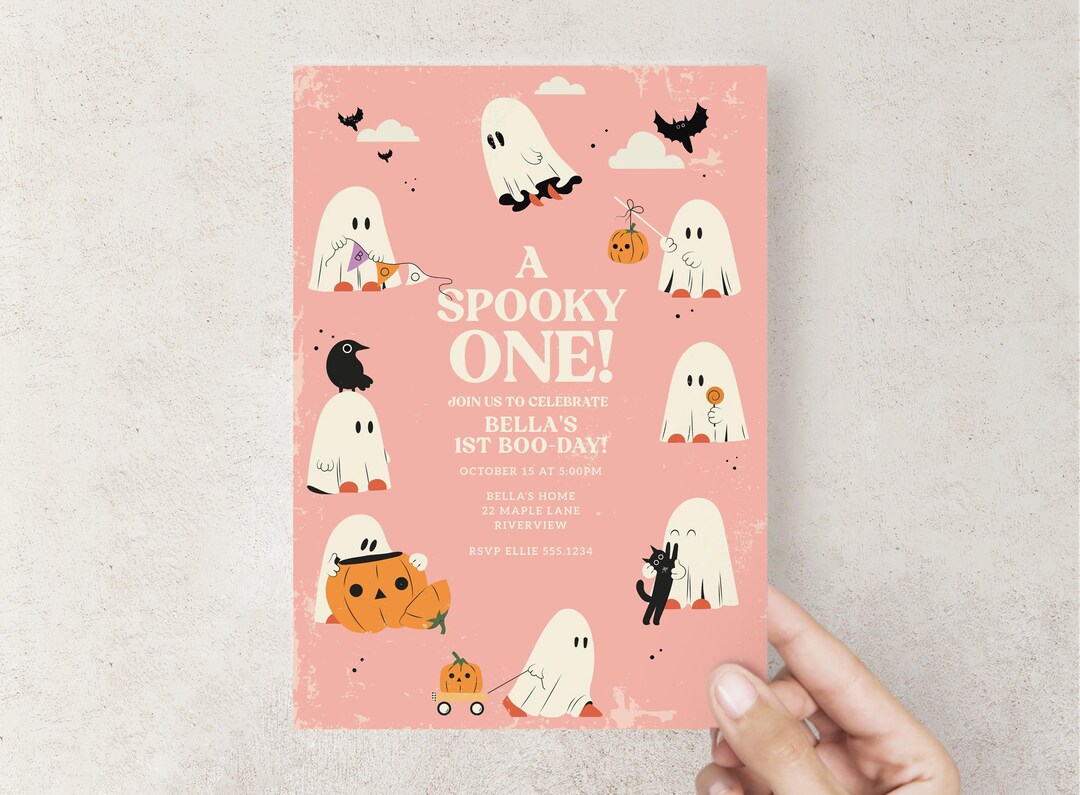 Spooky 1st Birthday Invitation, Halloween PINK Girl Spooky One Invite ...