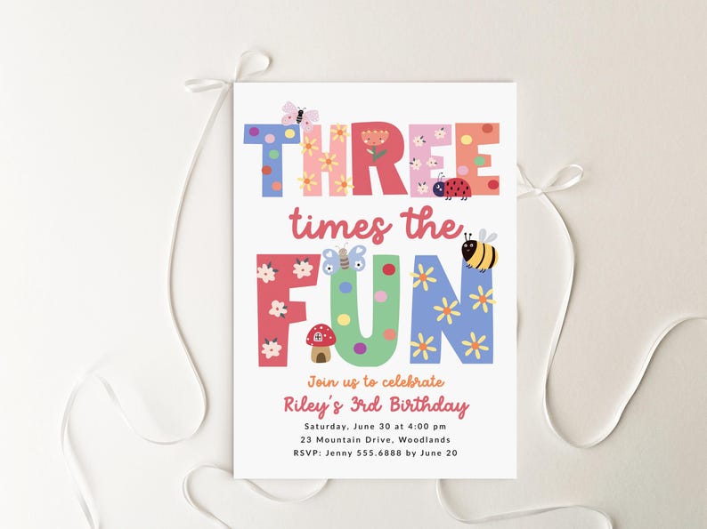Three Times the Fun Invitation, Spring Girl 3rd Birthday Party Invite ...