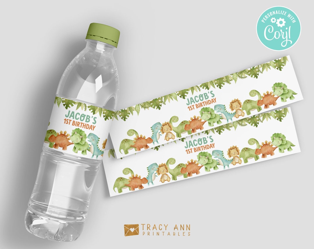 Editable Water Bottle Wrappers, Dinosaur Birthday Decorations, Water ...