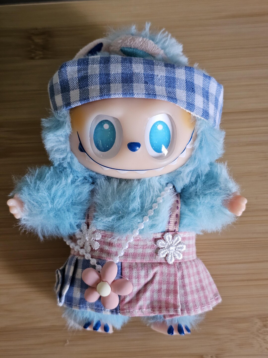 Labubu Outfit - "flower Picnic" Set | Pink Check Dress, Blue Headband ...