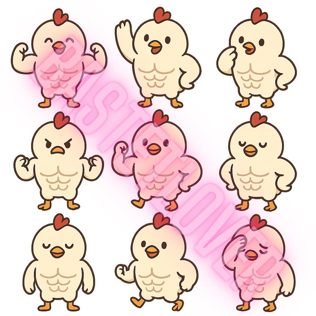 Kawaii Muscular Chicken Clipart Set – 9 Funny Buff Chicken Poses With ...