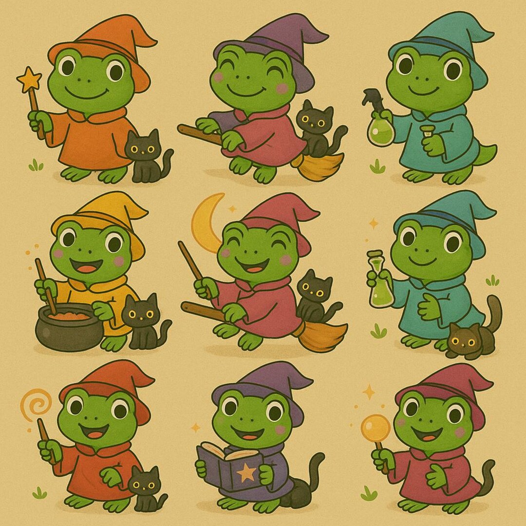 Kawaii Frog Wizard Clipart With Black Cats – 9 Magical Poses | PNG ...