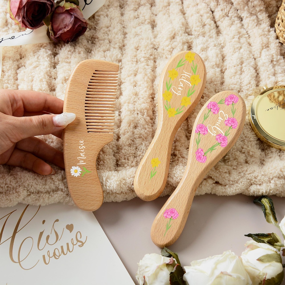 Personalised Birth Flower Hair Brush,wooden Baby Brush and Comb Set ...