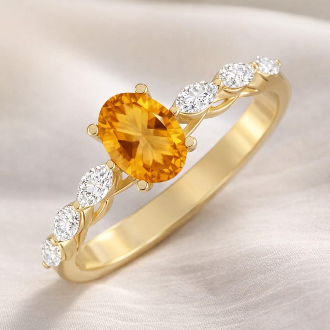 Oval Citrine and Lab-grown Diamond Ring, 925 Sterling Silver Gold ...