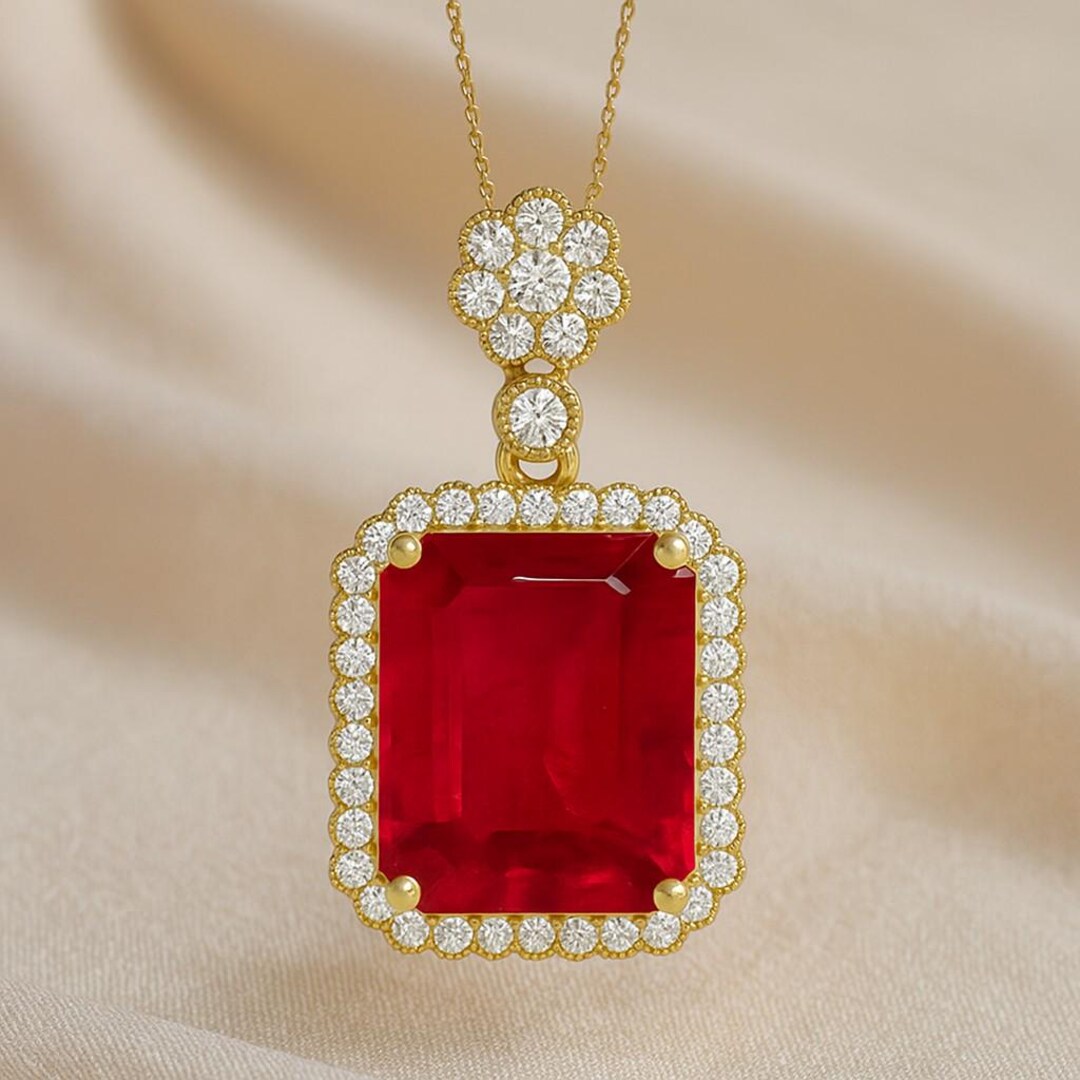 Emerald Cut Natural Ruby Pendant – Lab Grown Diamond Halo, 925 Sterling ...