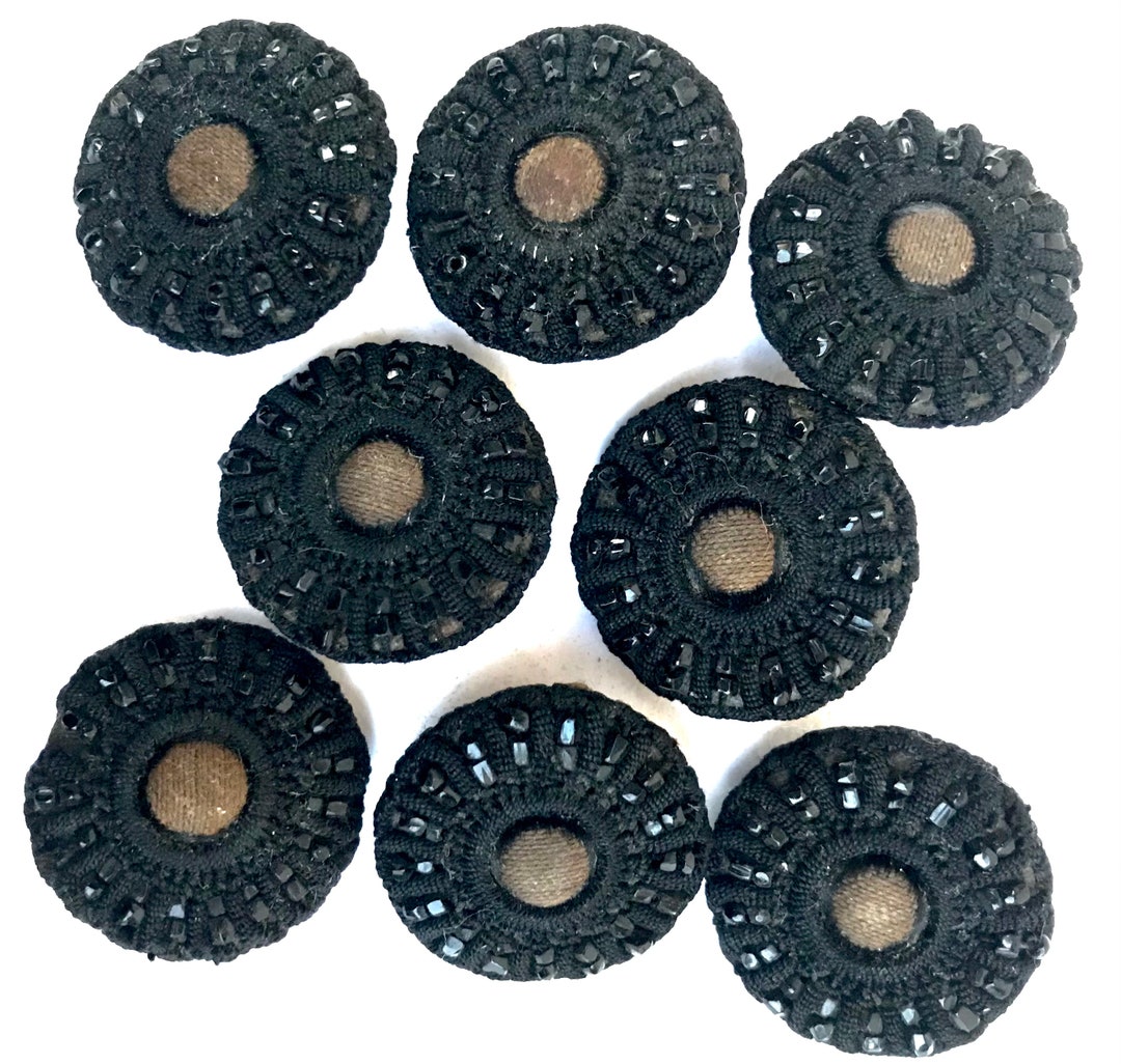 Antique Hand Crocheted and Beaded Buttons, Set of 8, Black With Black ...