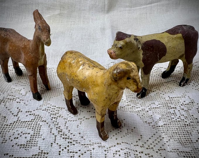 Three Antique Putz Animal Figures, Wood Legs, Composition Bodies, Sheep ...