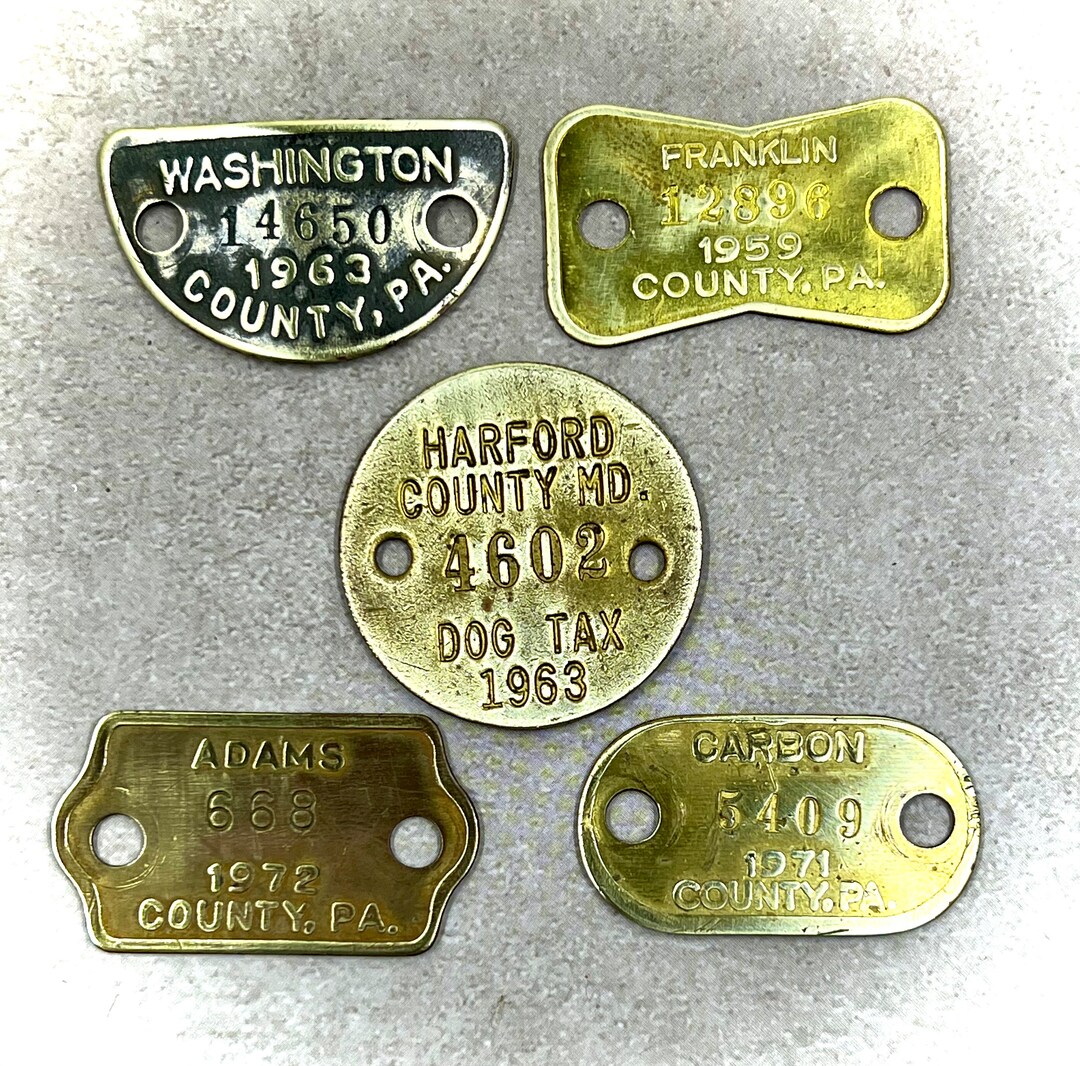 Vintage Brass Original Dog License Tag Grouping. 1940s 1970s, Craft and ...