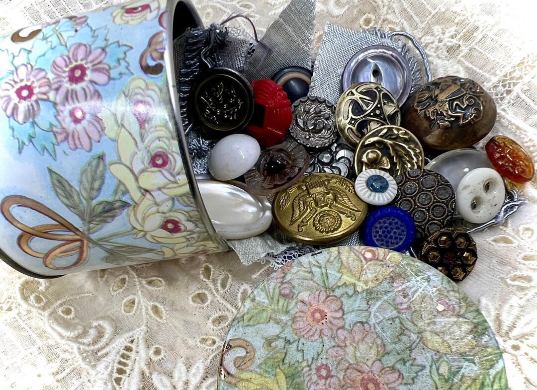 Vintage Treasure Tin Filled With Antique / Vintage Buttons Assortment ...