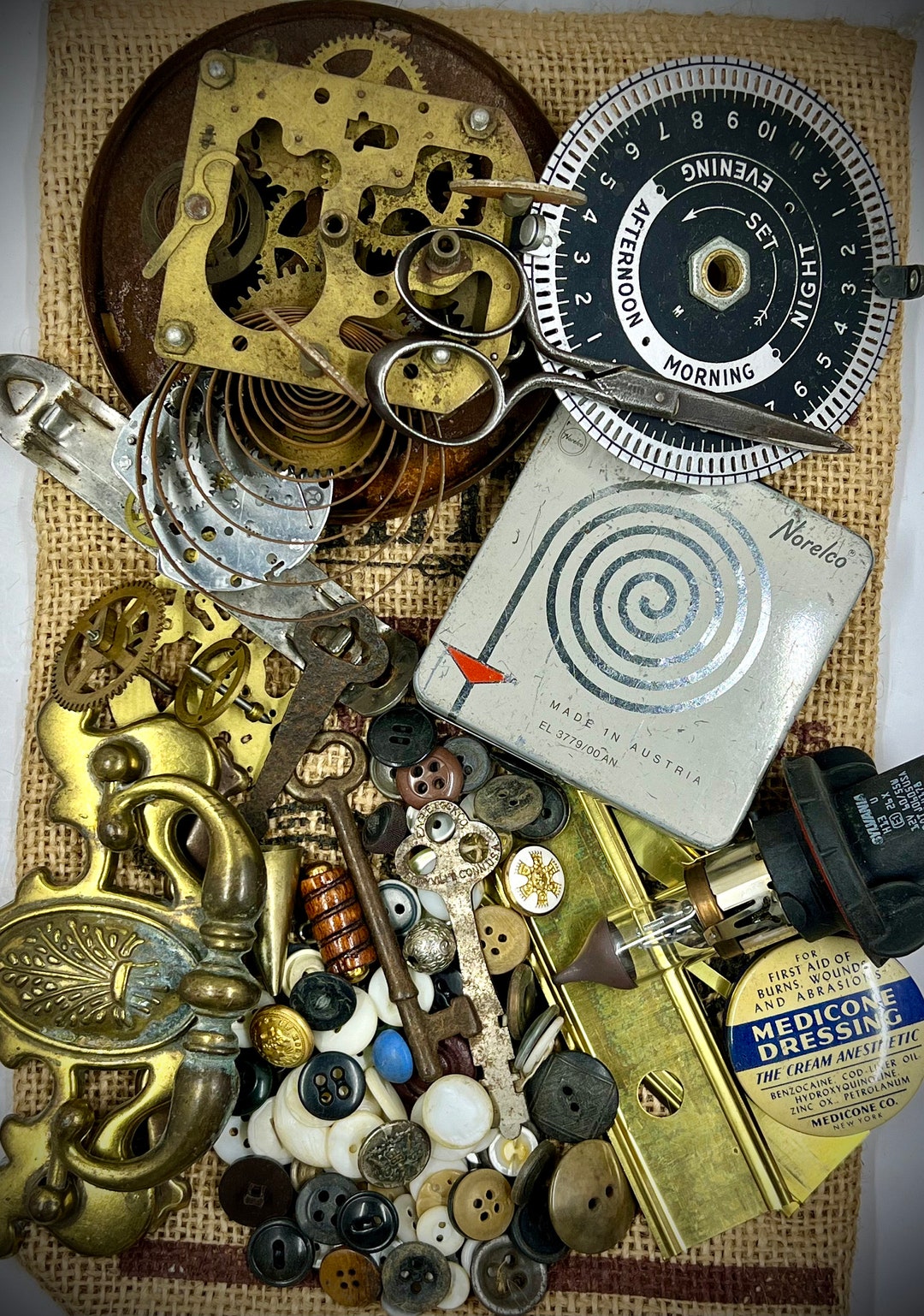 Vintage Steampunk Parts Assortment, Clock Parts, Norelco Tin, Antique ...