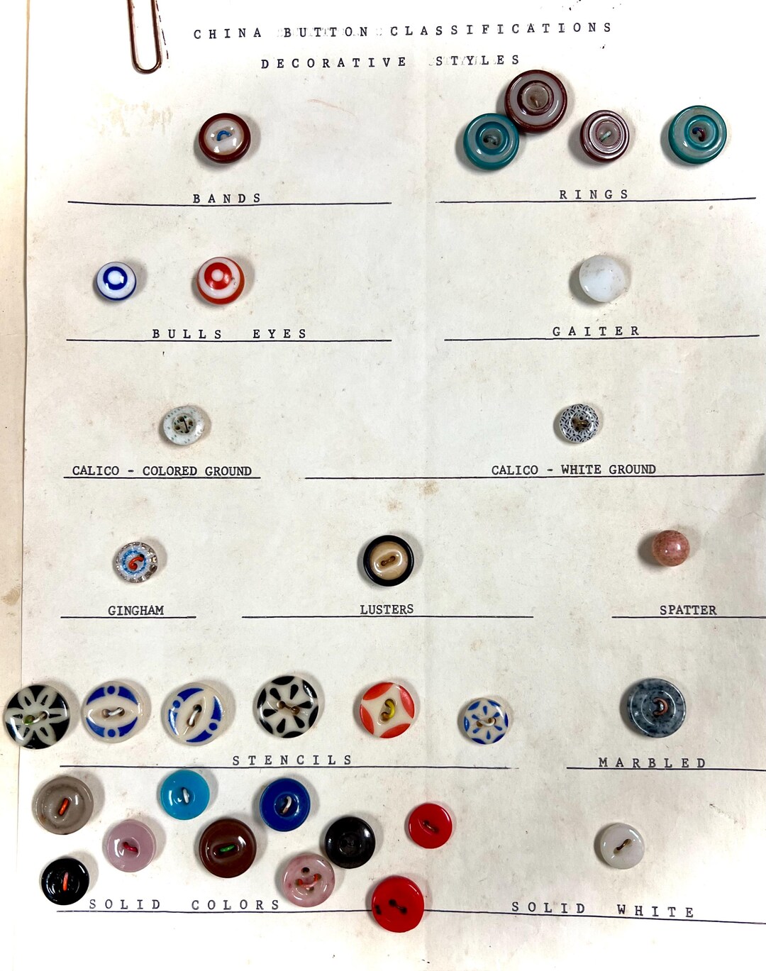 Antique China / Ceramic Buttons on Vintage Classification Card, Button ...