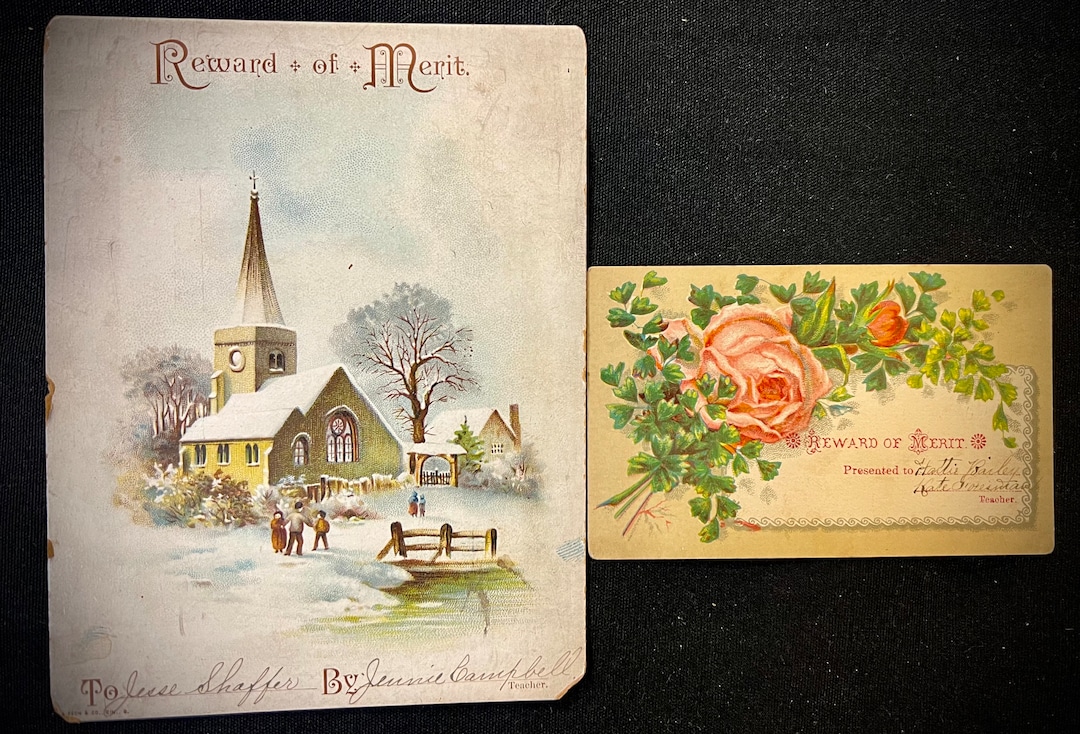 2 Antique Reward of Merit Cards, Early 1900’s School Recognition Reward ...