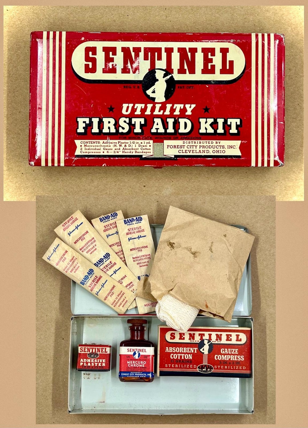 Rare Vintage Sentinel Utility First Aid Kit Tin, Complete With Contents ...