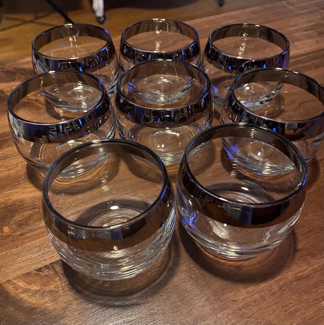 8 Vintage MCM Dorthy Thorpe Style Silver Rimmed Rolly Polly Punch ...