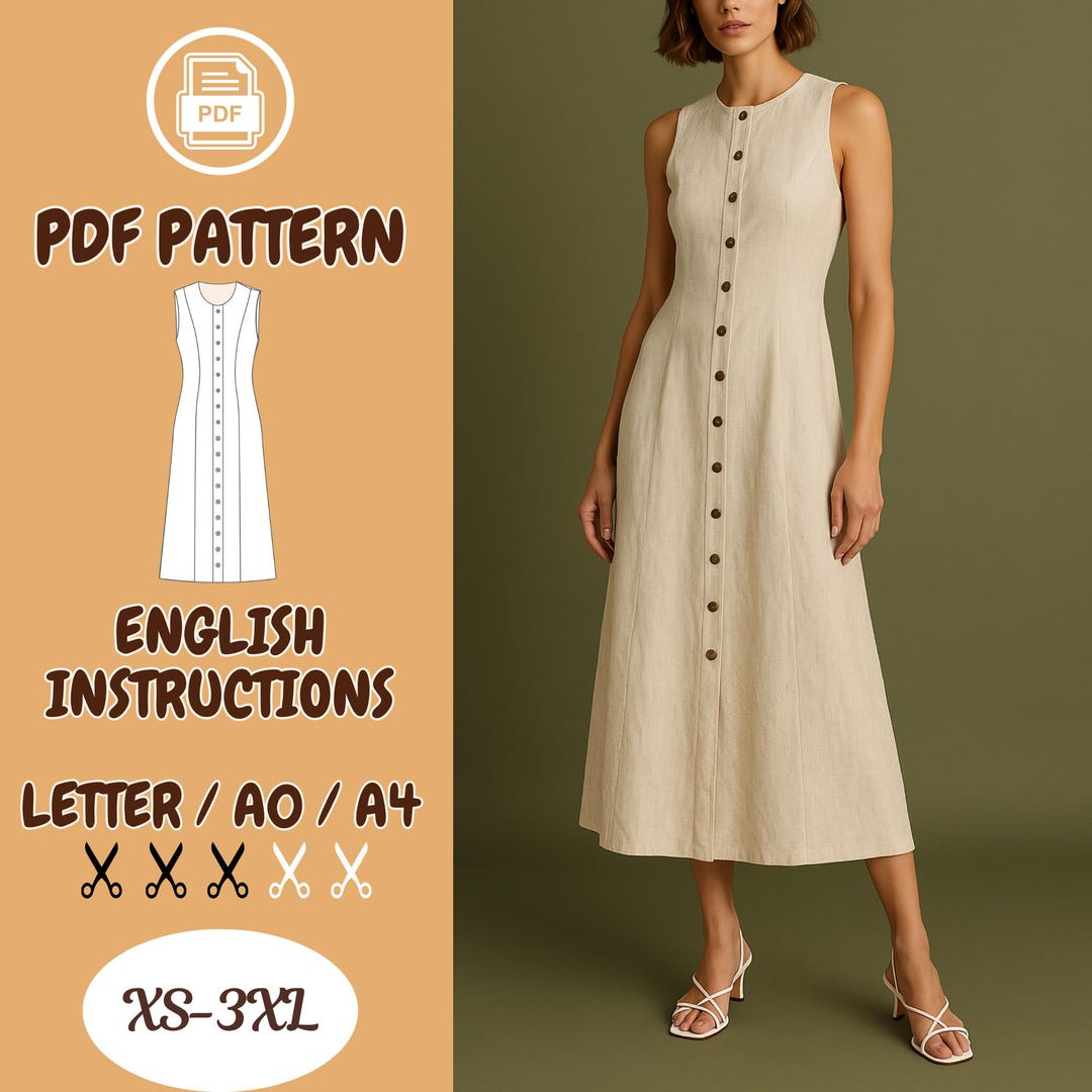 Linen Button Front Dress Sewing Pattern – Sleeveless A-line Summer ...