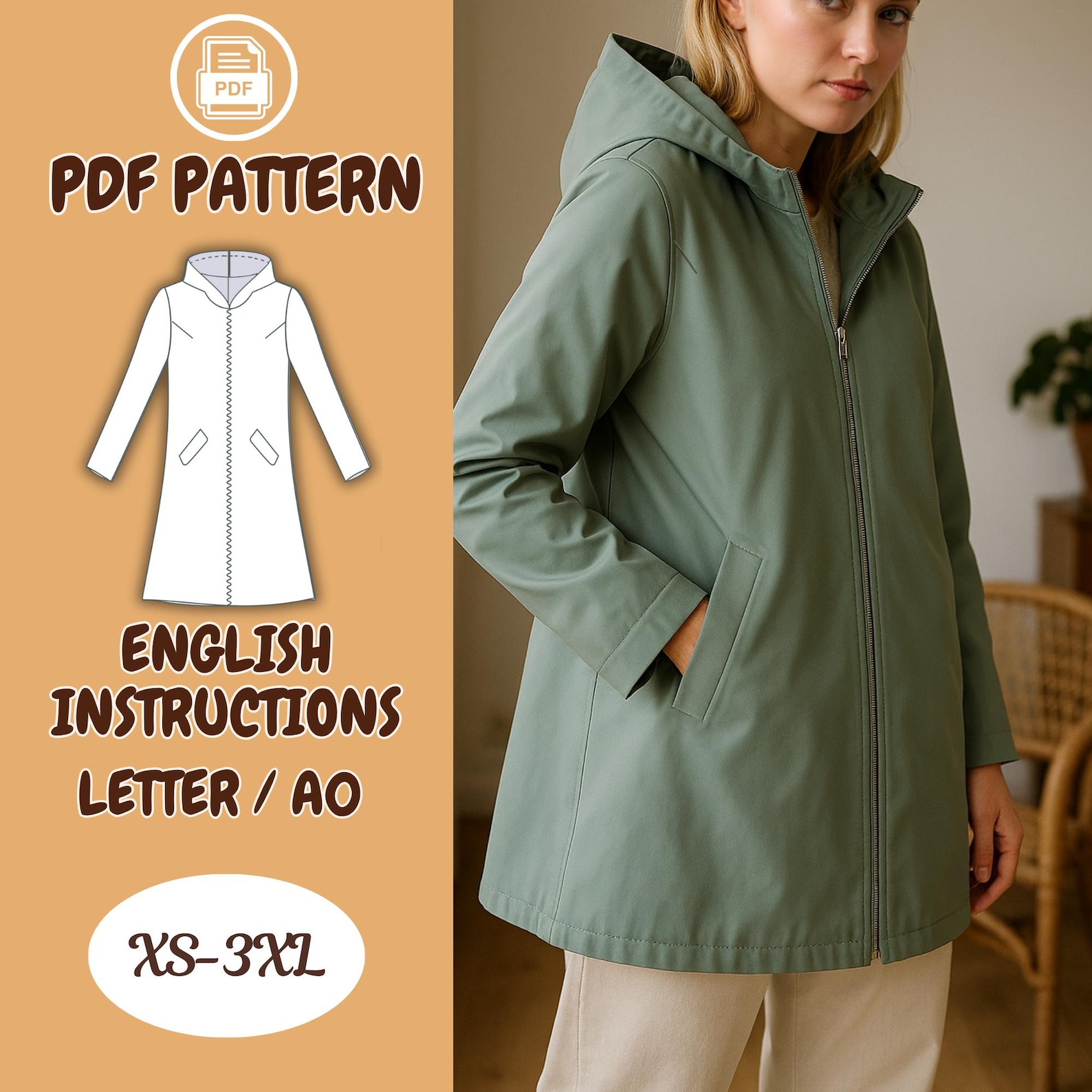 Minimalist Hooded Jacket Sewing Pattern PDF – Zip Front Coat , Lined ...
