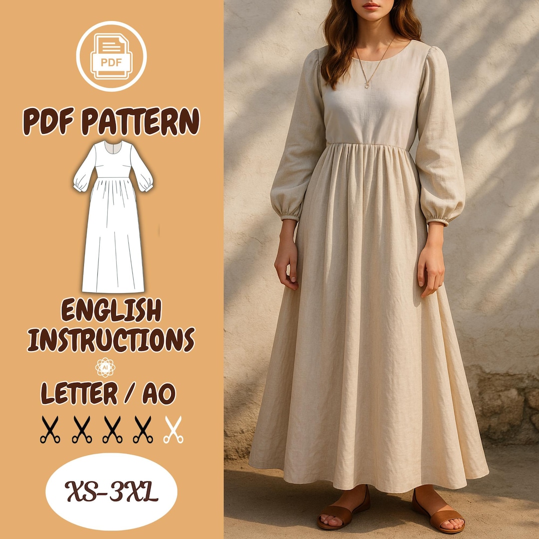 Linen Maxi Dress Sewing Pattern | Long Sleeve | Gathered Wasit | Boho ...