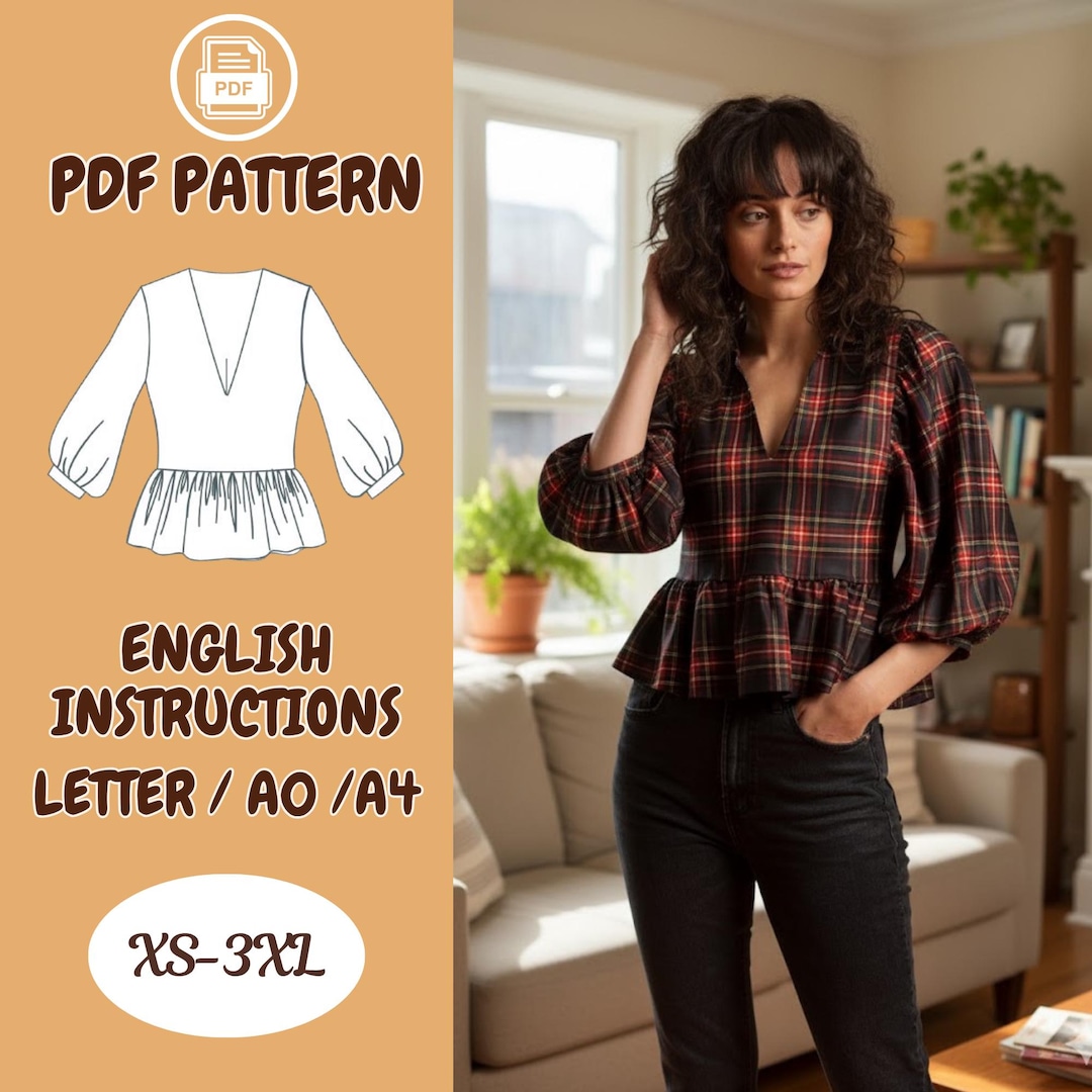 Peplum Blouse Sewing Pattern PDF – V-neck Bishop Sleeve Top, Gathered ...