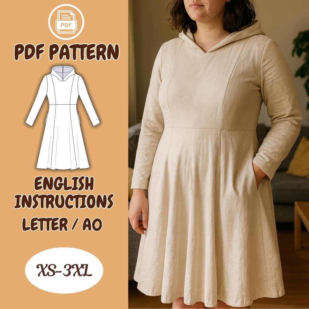 Hooded Skater Dress Sewing Pattern PDF – Long Sleeve Fit and Flare ...