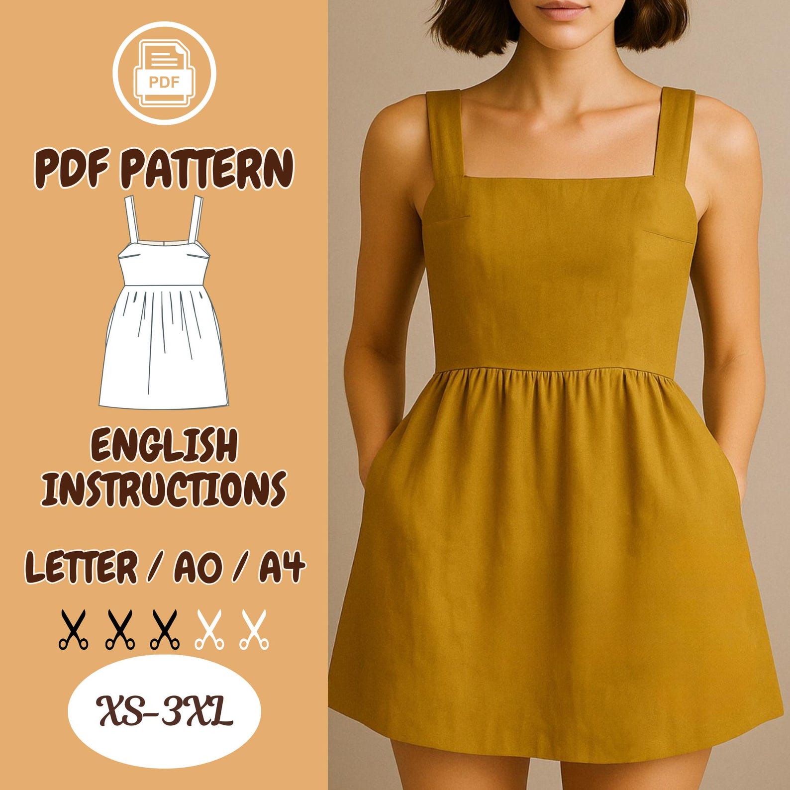 Mini Linen Dress Sewing Pattern PDF, Square Neckline and Wide Straps ...