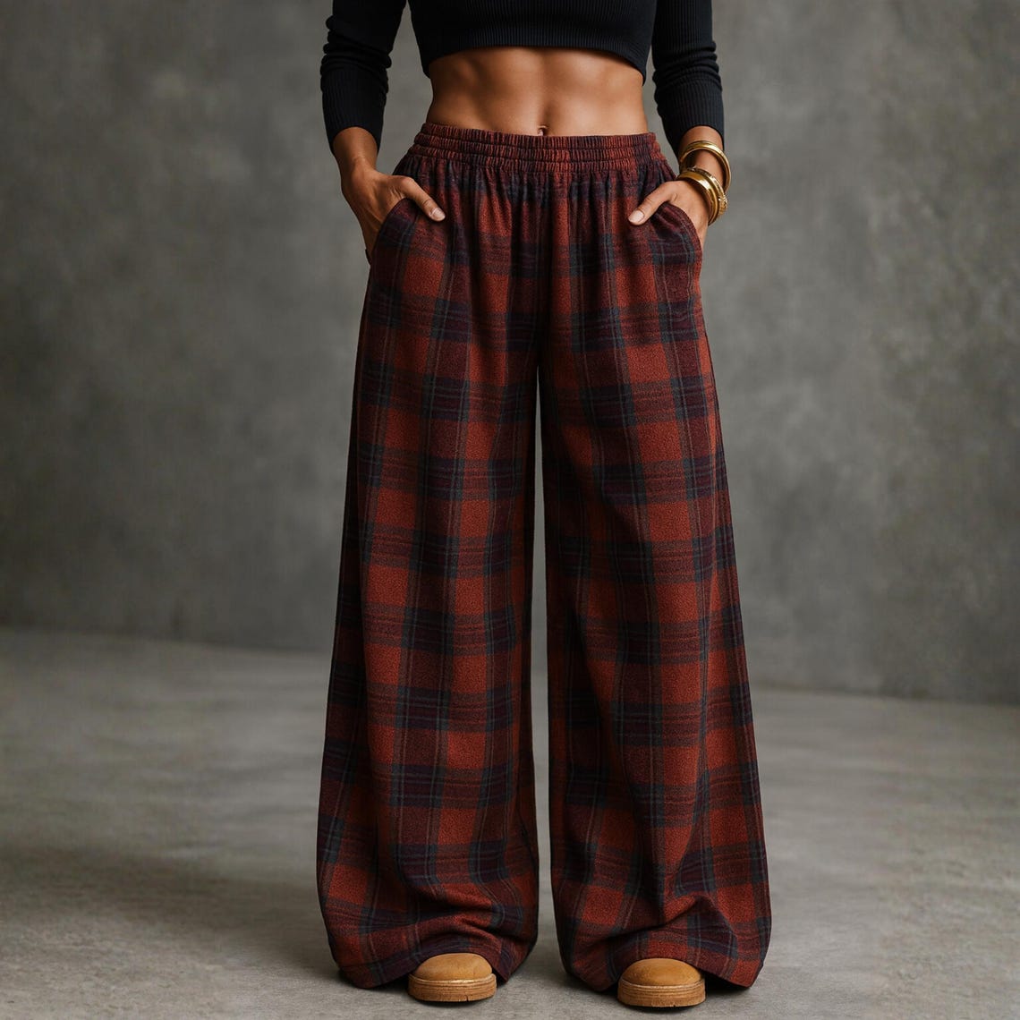 Rust Plaid Wide Leg Pants – Soft Flannel Lounge Palazzo Trousers ...