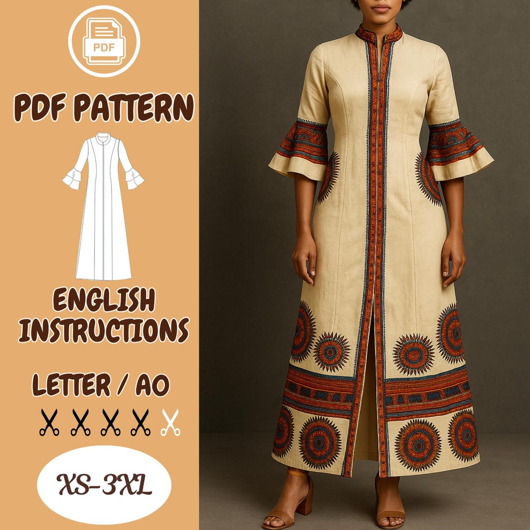 African Maxi Dress Sewing Pattern – Long Sleeve Dashiki Dress With ...