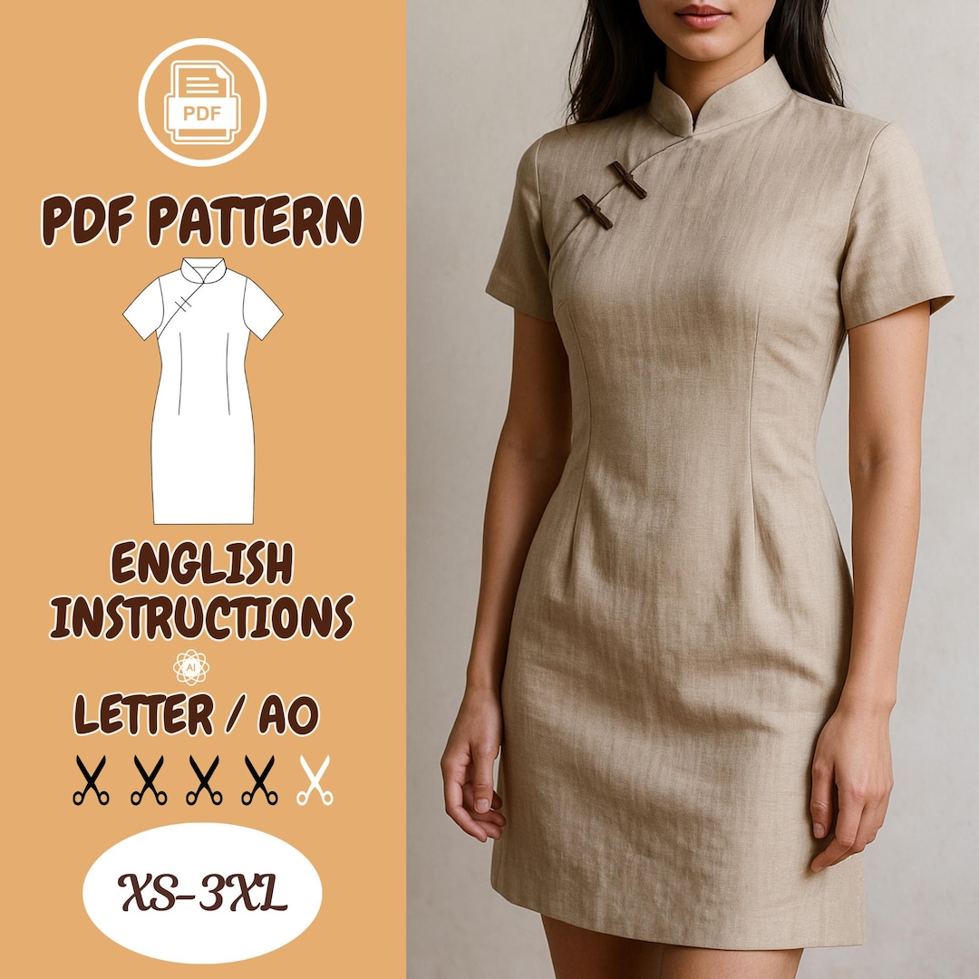 Qipao Dress Sewing Pattern PDF – Cheongsam Style Dress, Mandarin Collar ...