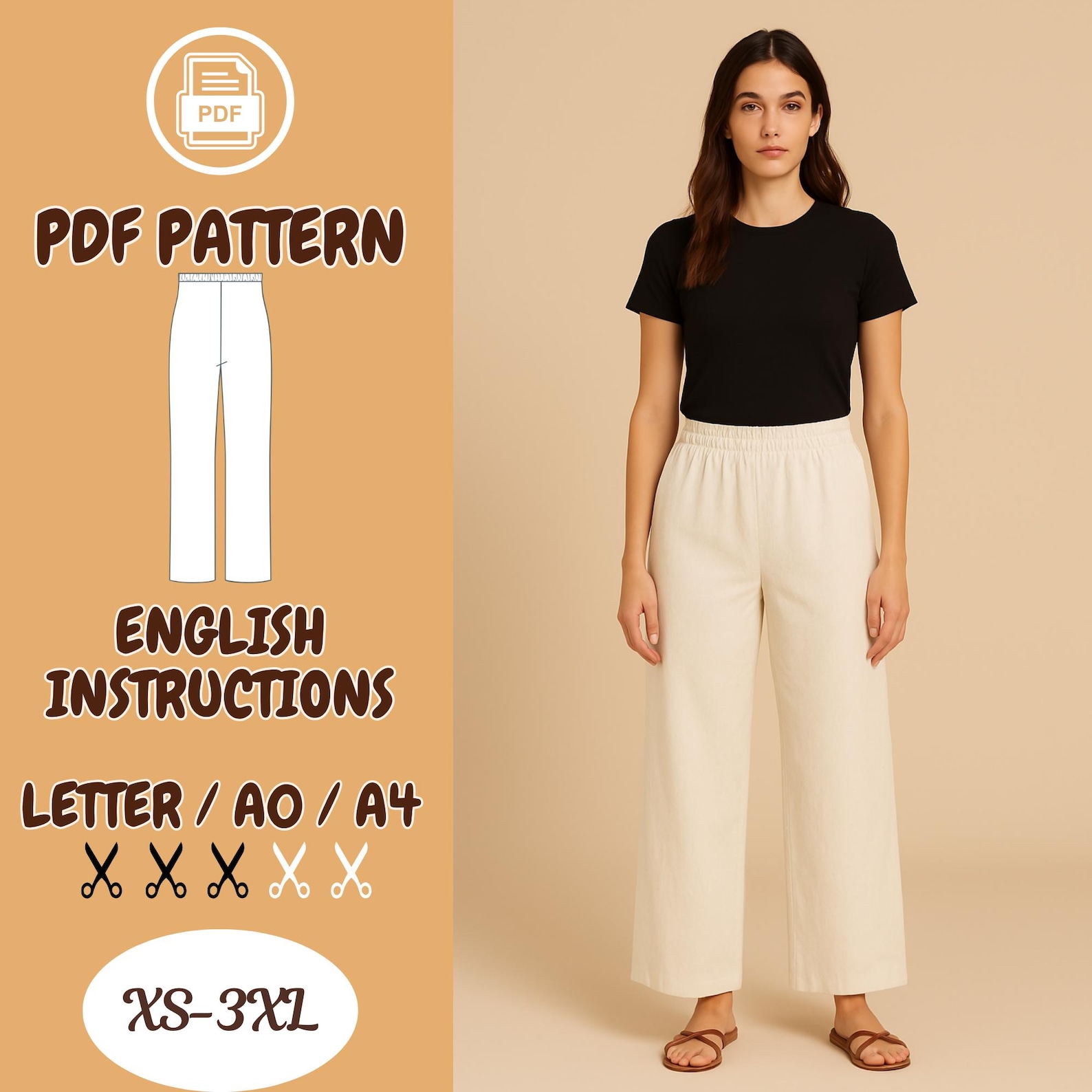 Pants Sewing Pattern PDF for Women, Elastic Waist Trousers Pattern XS ...
