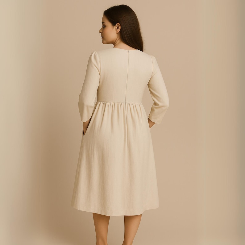 Puff Sleeve Linen Dress Sewing Pattern PDF – Long Sleeve Gathered Waist ...