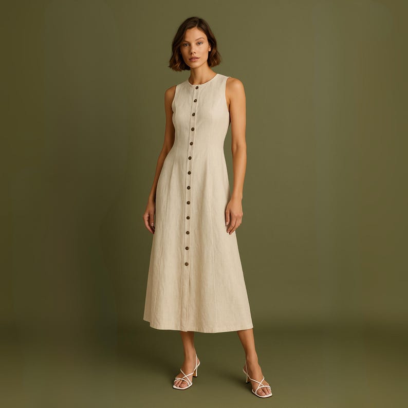 Linen Button Front Dress Sewing Pattern – Sleeveless A-line Summer ...