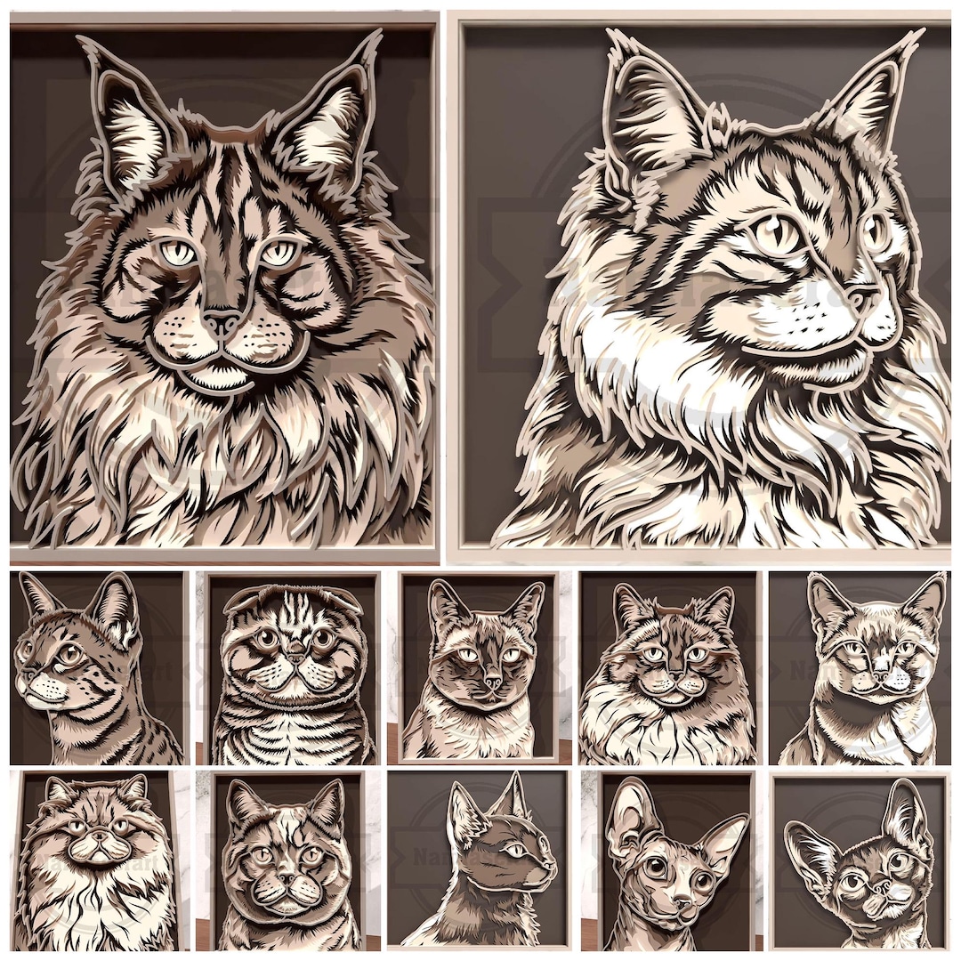 Cat Portrait SVG Bundle Laser Cut Files, Multilayer Cat Wall Art, Pet ...
