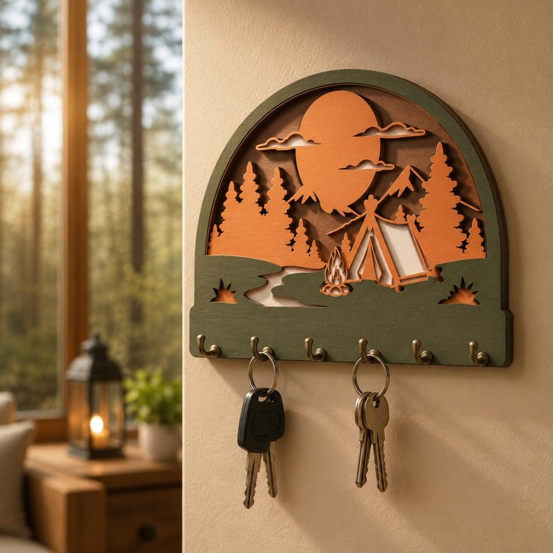 Camping Key Holder Laser Cut File, Mountain Forest Wall Organizer ...