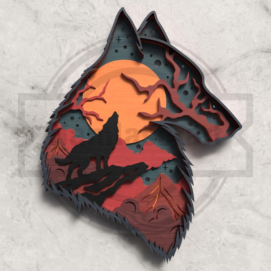 Wolf Head Layered SVG – 3D Howling Wolf and Moon Scene Laser Cut File ...