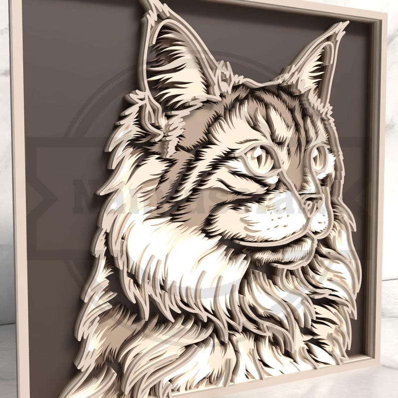 Maine Coon Cat SVG, Layered Laser Cut File, Rustic Pet Portrait ...