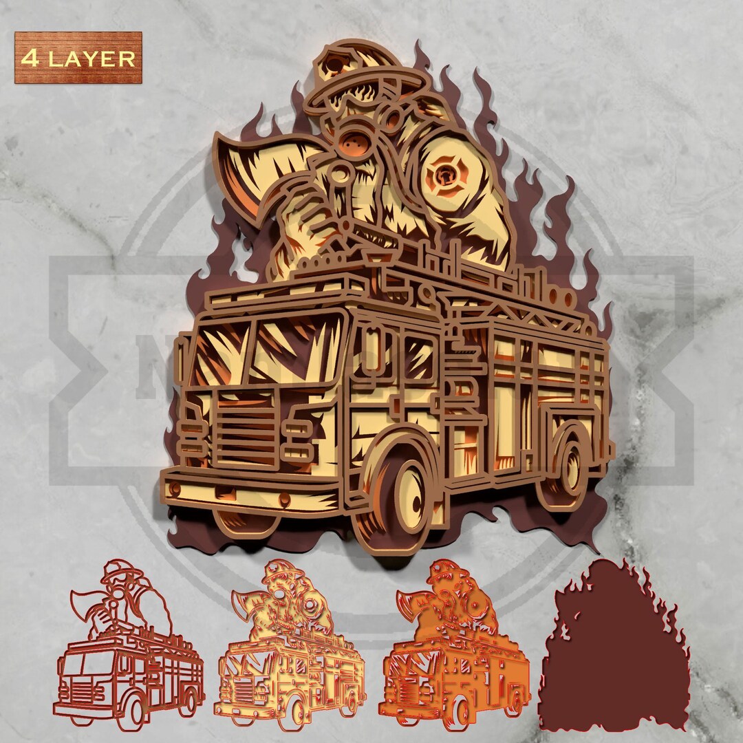 Fire Truck 3D Layered SVG , Firefighter Axe Hero Wall Art , Laser Cut ...