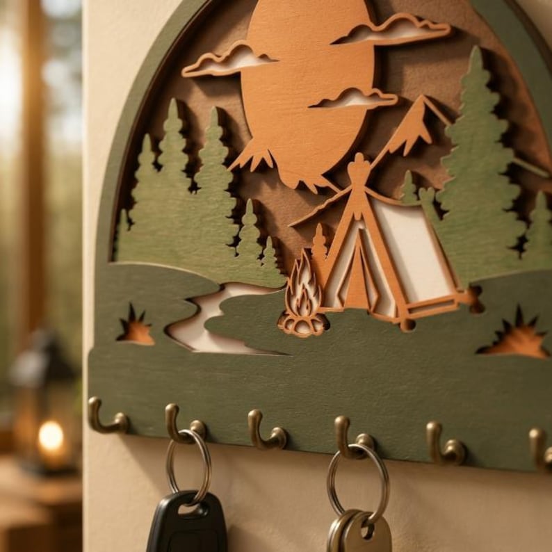 Camping Key Holder Laser Cut File, Mountain Forest Wall Organizer ...
