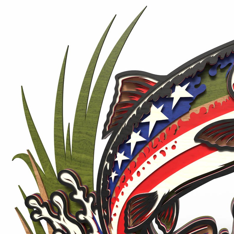 Trout Fish SVG Laser Cut File, Patriotic Fishing Wall Art, Multilayer ...
