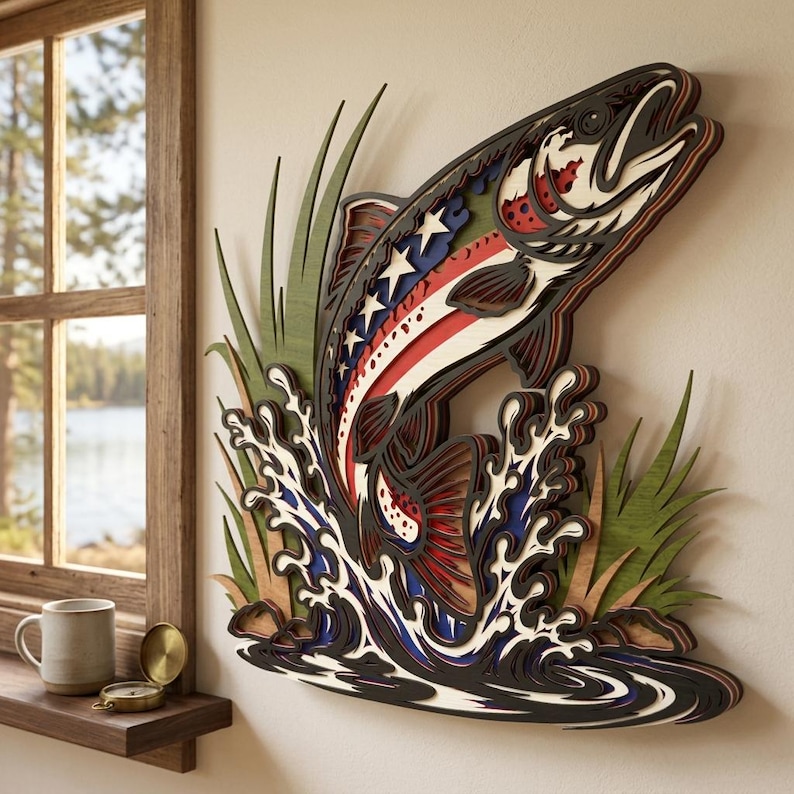 Trout Fish SVG Laser Cut File, Patriotic Fishing Wall Art, Multilayer ...