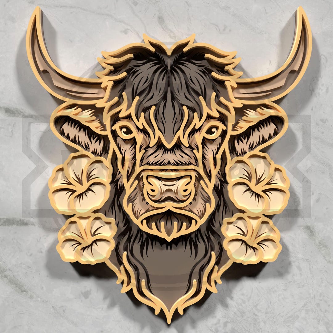 Laser Cut Bison Head With Hibiscus - 3D Layered Wall Art SVG - Etsy UK
