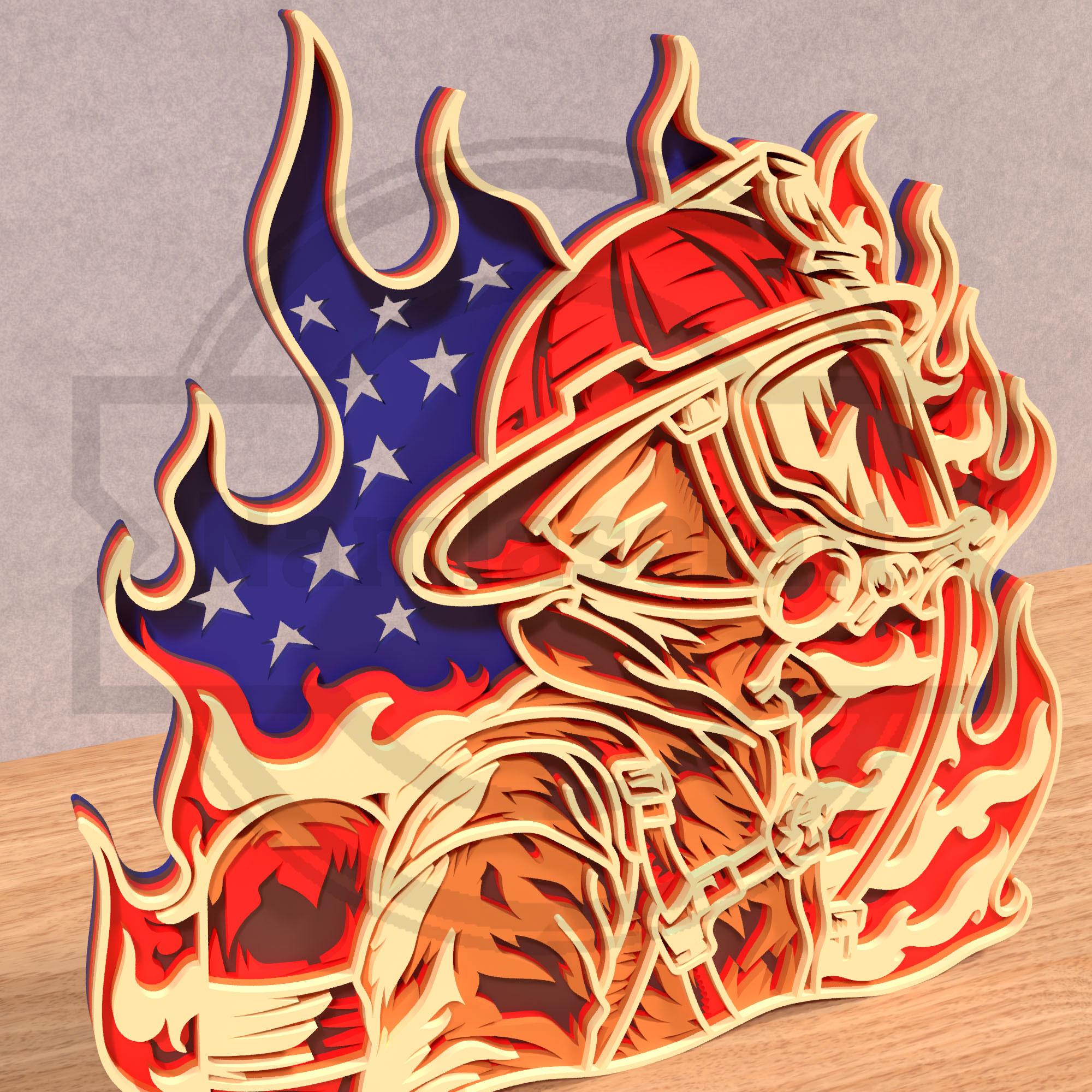 Firefighter SVG – Flames and American Flag 5 Layer Laser Cut Design ...