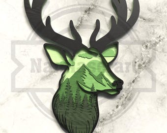 6 Layer Stag Head Forest Scene SVG | Deer Laser Cut File | Layered ...