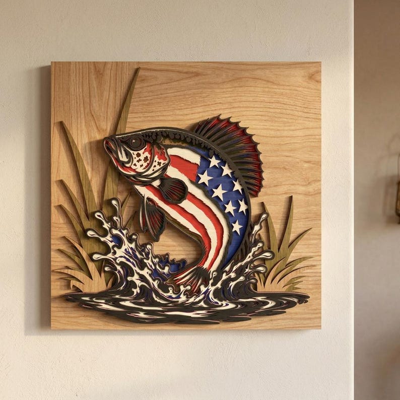 Largemouth Bass Fish SVG Laser Cut File, Patriotic Fishing Wall Art ...