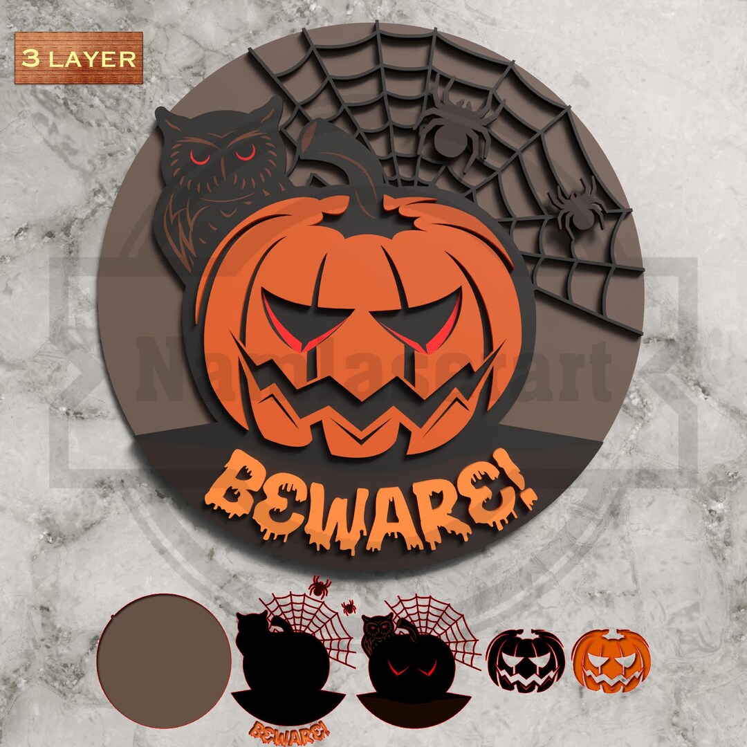 Beware Pumpkin Sign SVG, Halloween 3D Layered Laser Cut File, Halloween ...